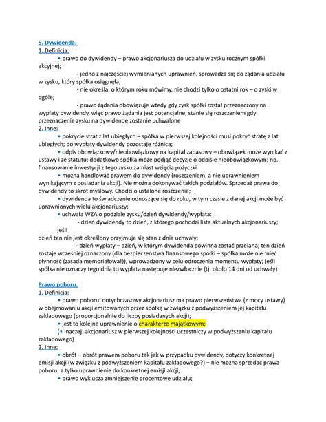 Instrumenty Finansowe Notatki 5 Dywidenda Definicja Prawo Do
