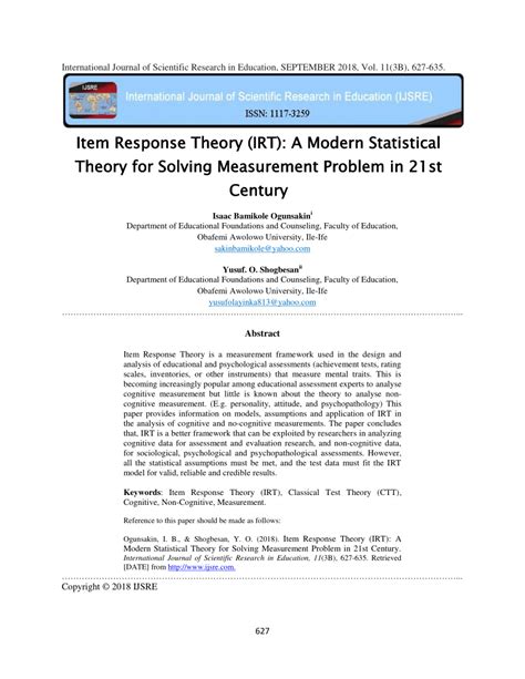 pdf item response theory irt a modern statistical theory for solving measurement problem in