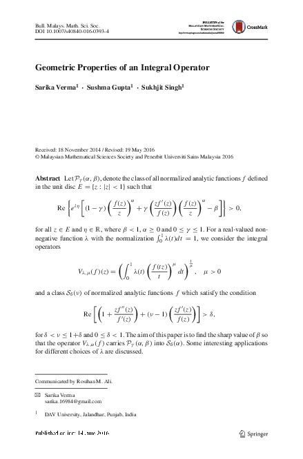 pdf geometric properties of an integral operator sarika verma