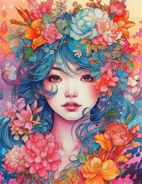 Premium Ai Image A Painting Of A Woman With Blue Hair And Flowers On