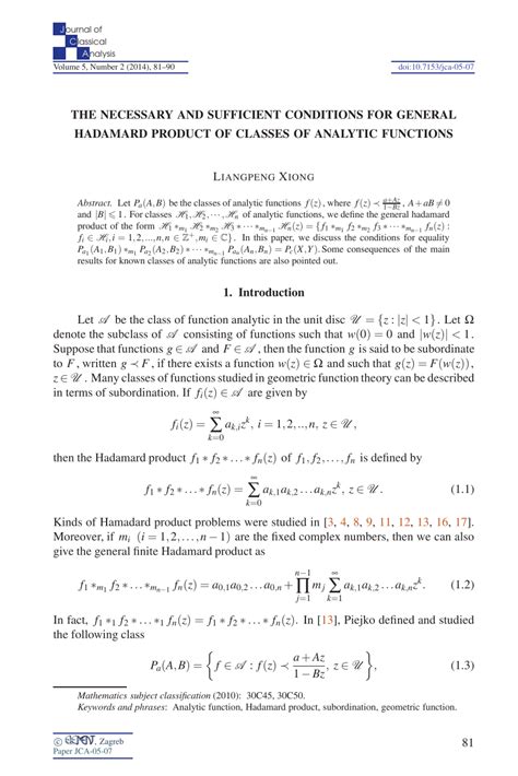 pdf the necessary and sufficient conditions for general hadamard product of classes of