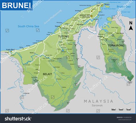Physical Map Brunei Darussalam Road Network Stock Vector Royalty Free