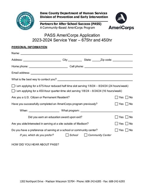 Fillable Online PASS AmeriCorps Application 2023 2024 Service Year Fax
