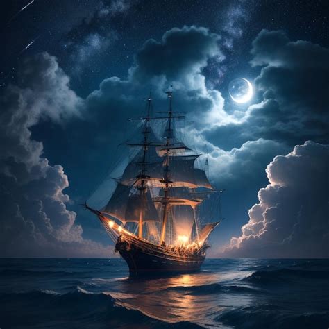 Premium Photo Pirate Ship Flying Through The Clouds In The Ni