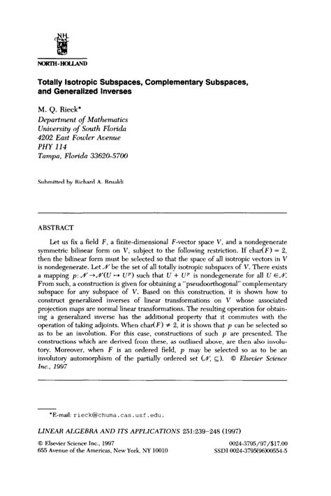 pdf totally isotropic subspaces complementary subspaces and generalized inverses
