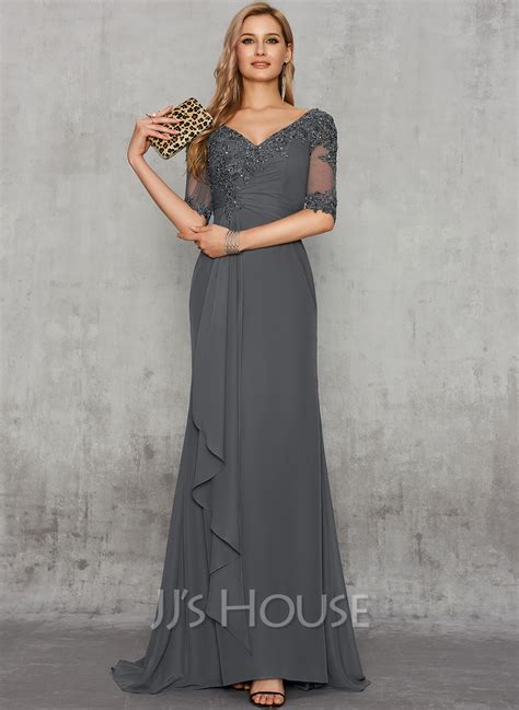 Sheath Column V Neck Sweep Train Chiffon Evening Dress With Sequins