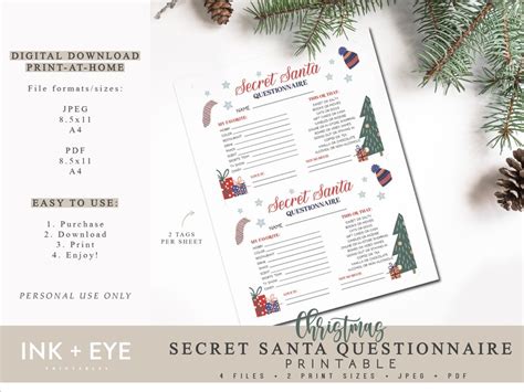 Secret Santa Questionnaire Printable Christmas Gift Exchange Printable