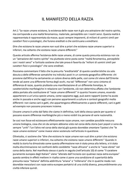 Il Manifesto Della Razza IL MANIFESTO DELLA RAZZA Art Le Razze Umane