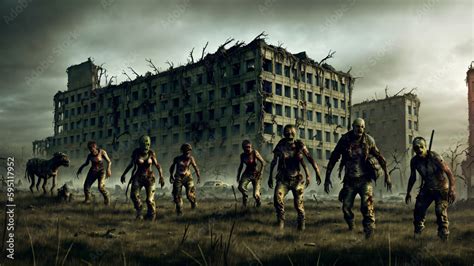 Horde Of Zombies In The City Against The Background Of A Destroyed