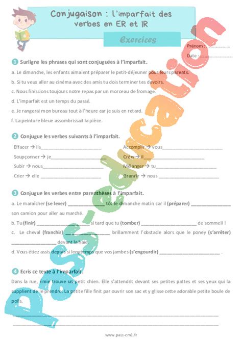 Limparfait De Lindicatif Des Verbes En ER Et IR Exercices De