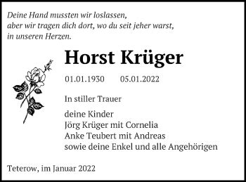 Traueranzeigen Von Horst Kr Ger Trauer Nordkurier