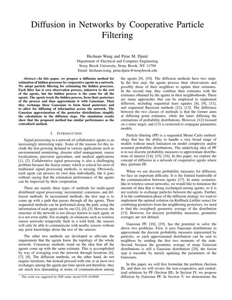 pdf diffusion in networks by cooperative particle filtering