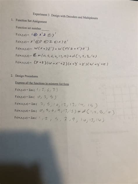 experiment 3 design with decoders and multiplexers 1 function set assignment function set