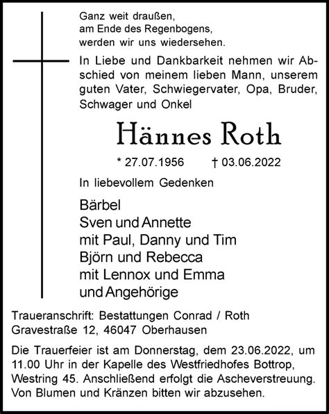 Traueranzeigen von Hännes Roth Trauer in NRW de