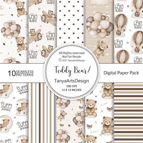Boho Teddy Bear Digital Paper Watercolor Teddy Bear Seamless Etsy