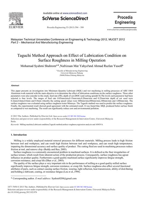 pdf taguchi method approach on effect of lubrication condition on surface roughness in milling