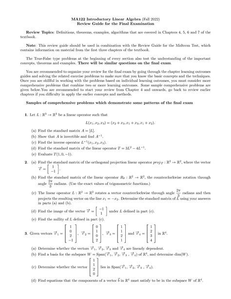 comprehensive final comprehensive final ma122 introductory linear algebra fall 2022 review