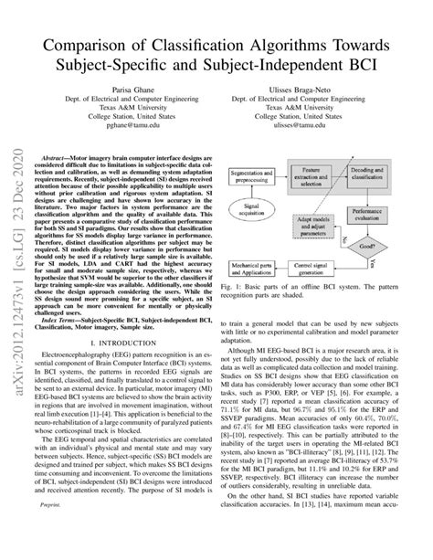 comparison of classification algorithms towards subject specific and subject independent bci