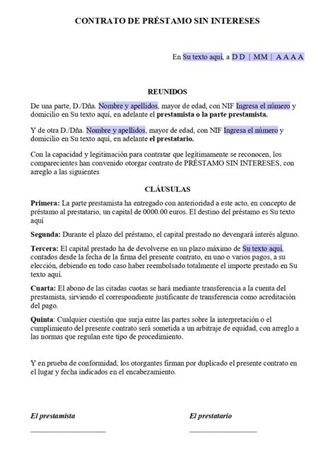 Descargar contrato de préstamo entre particulares sin intereses