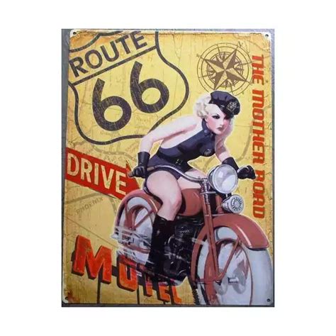 Plaque Moto Pin Up Blonde Drive Route 66 Affiche Tole Pub