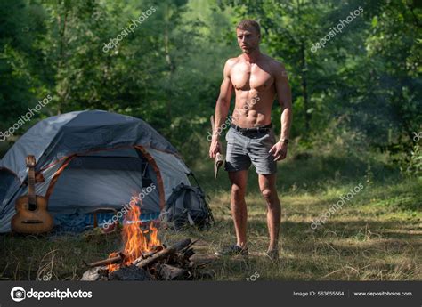 Camping Season With Campfire Man With Naked Torso Picnic Tourism Camp