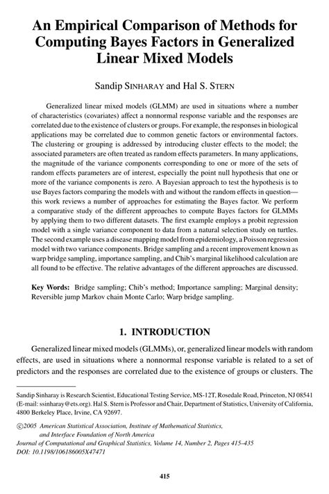 pdf an empirical comparison of methods for computing bayes factors in generalized linear mixed