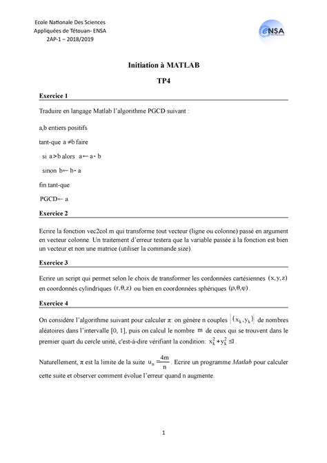 TP4 Matlab Ecole Nationale Des Sciences Appliquées de Tétouan ENSA