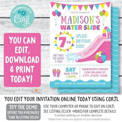 Waterslide Birthday Invitation Printable Pink Etsy