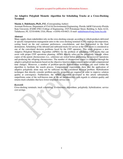 pdf an adaptive polyploid memetic algorithm for scheduling trucks at a cross docking terminal