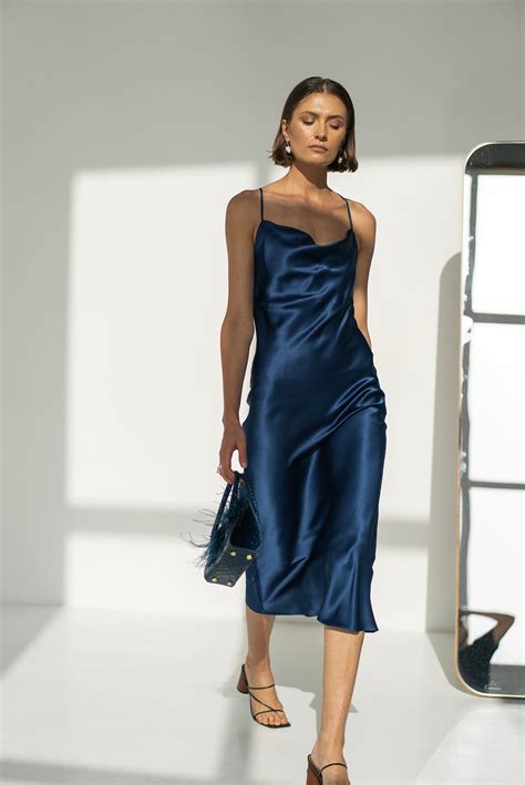 Royal Blue Silk Slip Dress Midi Blue Silk Cowl Neck Dress Silk Etsy