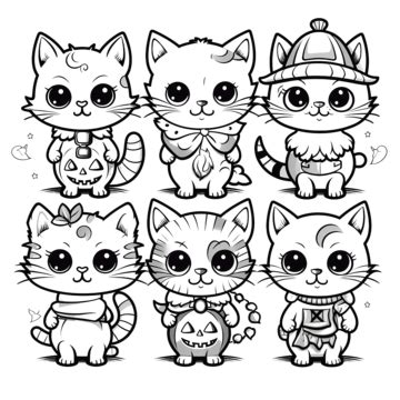 Draw Vector Illustration Coloring Page Halloween Cute Cats Doodle