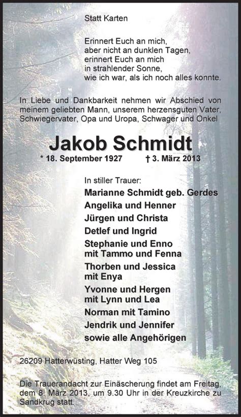 Traueranzeigen Von Jacob Schmidt Nordwest Trauer De