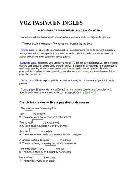 VOZ Pasiva VOZ Activa EN Inglés VOZ PASIVA EN INGLÉS PASOS PARA