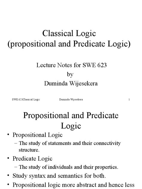 classical logic propositional and predicate logic lecture notes for swe 623 by duminda