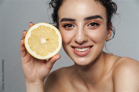 Image Of Joyful Half Naked Woman Smiling While Posing With Lemon Stock