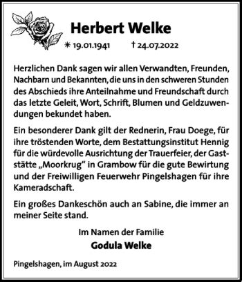 Traueranzeigen Von Herbert Welke Trauer Nordkurier