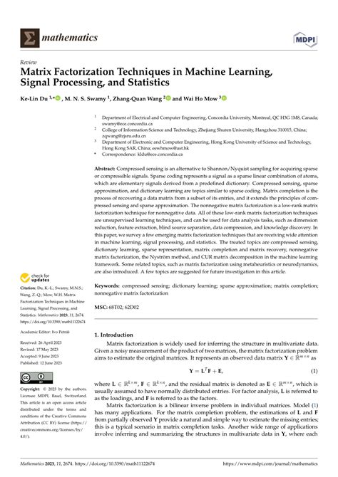 pdf matrix factorization techniques in machine learning signal processing and statistics