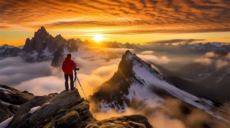 Um homem está no topo de uma montanha uma câmera em seu tripé
