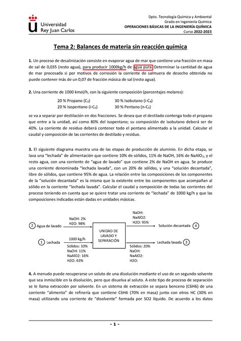 Tema 2 Problemas Balances de Materia sin RQ Grado en IngenierÌa