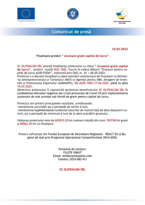 Comunicat de presă SC OLIFDACOM SRL Ziarul National