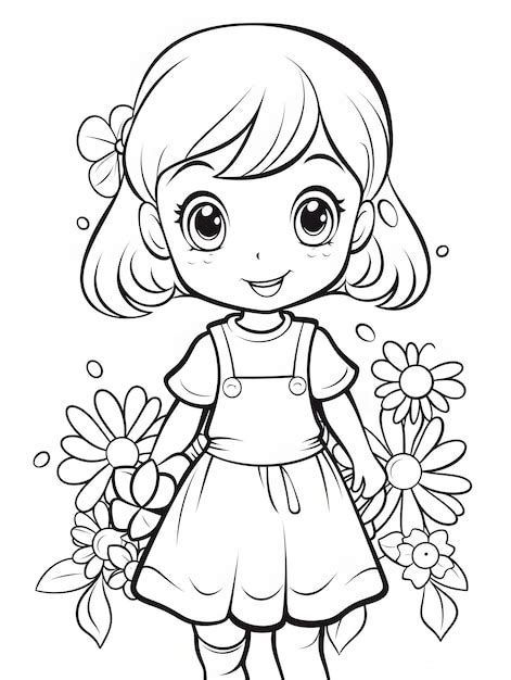 Hermosa chica anime para colorear página en blanco y negro Foto Premium