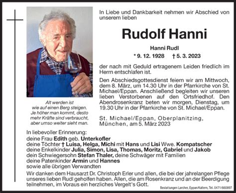 Traueranzeigen Von Rudolf Hanni Trauer Bz