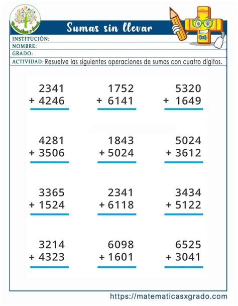 Ejercicios de sumas de 4 cifras sin llevar para niños
