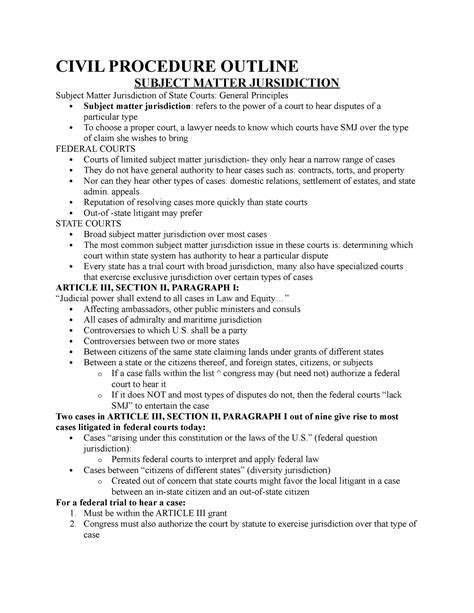 Civ Pro Outline Civil Procedure Outline Subject Matter Jursidiction
