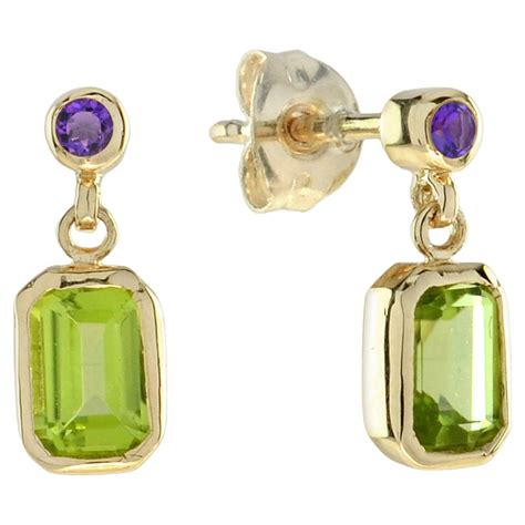 Suffragette Style Peridot Diamond And Amethyst Drop Earrings At
