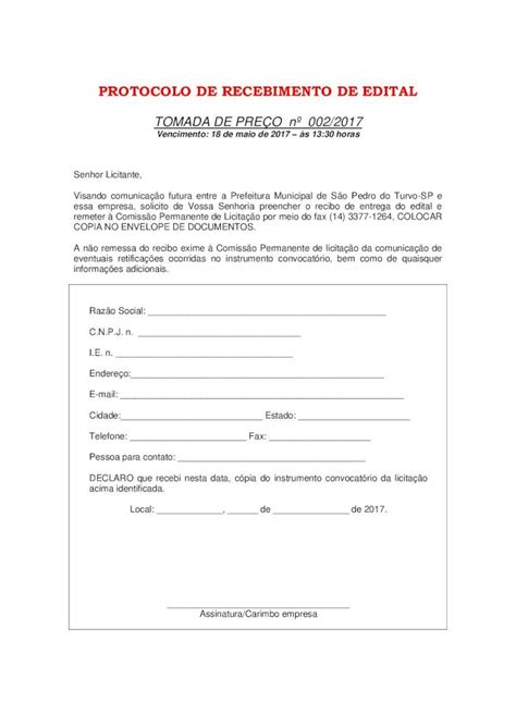 PDF PROTOCOLO DE RECEBIMENTO DE EDITAL Anexo IV Modelo De