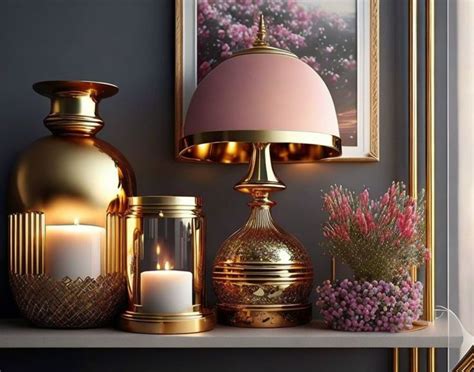 A Table Topped With Gold Vases And Candles Next To A Painting On The Wall