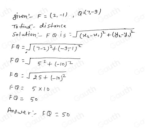 solved calculate the distance between the points f 2 1 and q 7 9 in the coordinate plane
