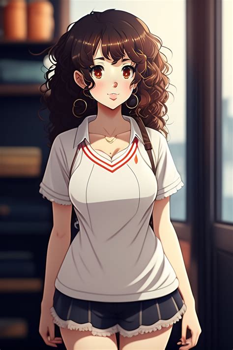 Lexica Anime Style Cute Girl 19 Years Old Medium Curly Brown Hair Slim Waist Thick