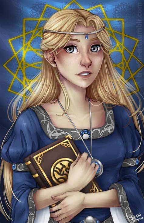 A Woman With Blonde Hair And Blue Dress Holding A Book In Her Hands While Wearing A Chain Around